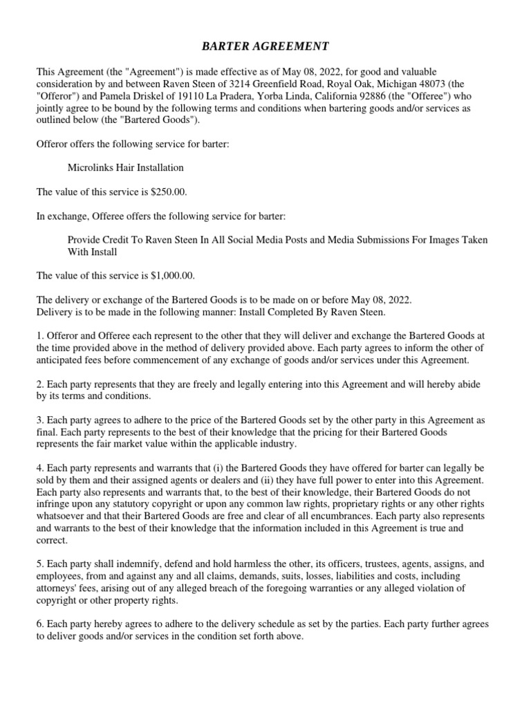 Barter Agreement | PDF | Indemnity | Justice