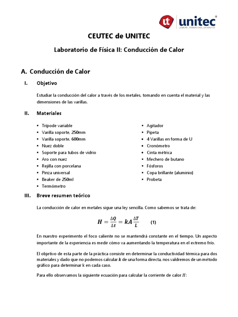 Ceutec de Unitec: Laboratorio de Física II: Conducción de Calor A. Conducción de Calor | PDF