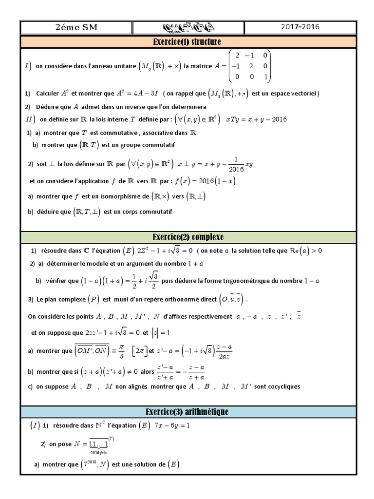 Sujet de Preparation 7 Maths 2 Bac SM | PDF | Nombre complexe | Fonction (Mathématiques)