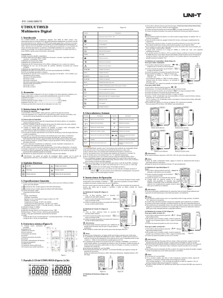Multimetro Uni-T Manual UT89X y UT89XD Compacto en ESPANOL | PDF