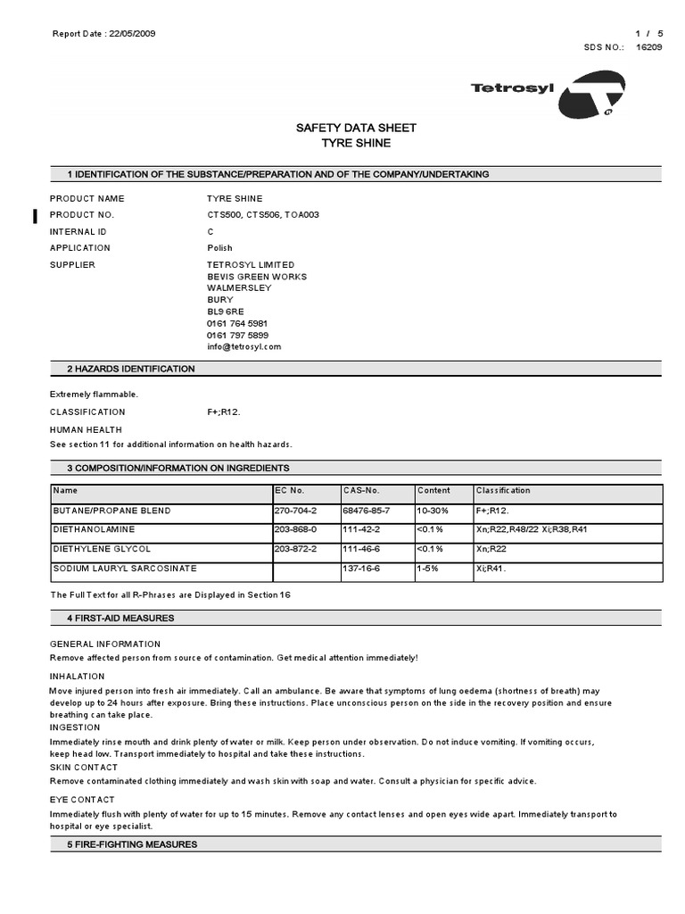 Safety Data Sheet for Tyre Shine: Flammable Polish Containing Butane ...