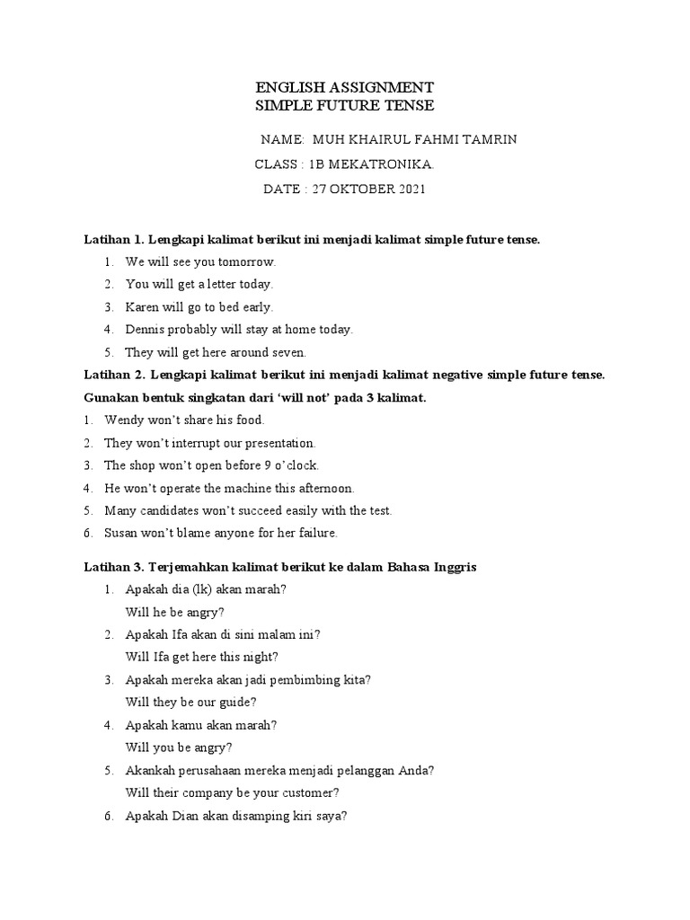 English Assignment Simple Future Tense 2021-1 | PDF