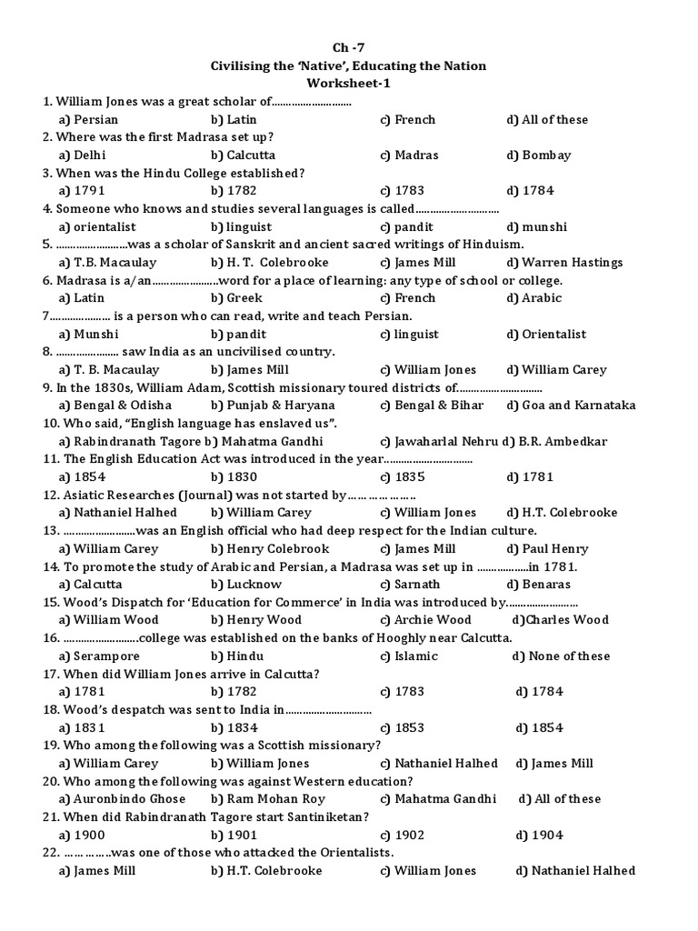 CH-7 History Worksheet-1 | PDF