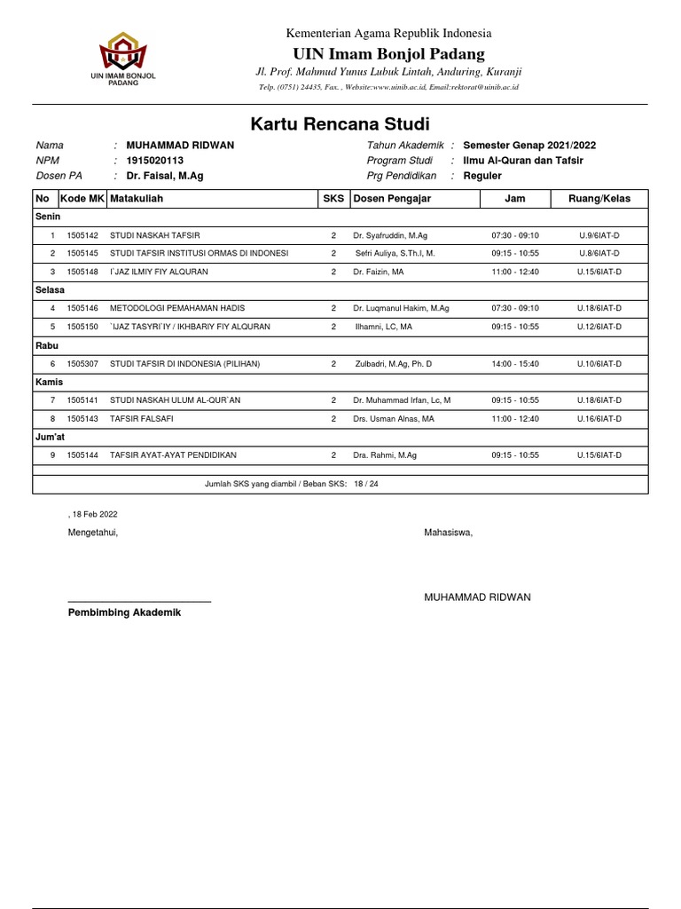 Kartu Rencana Studi: UIN Imam Bonjol Padang | PDF