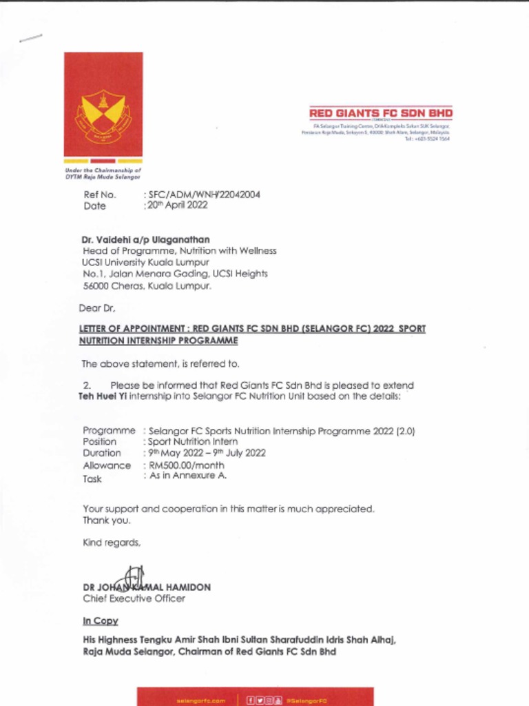 Offer Letter SFCNIP2.0 - Teh Huei Yi | PDF