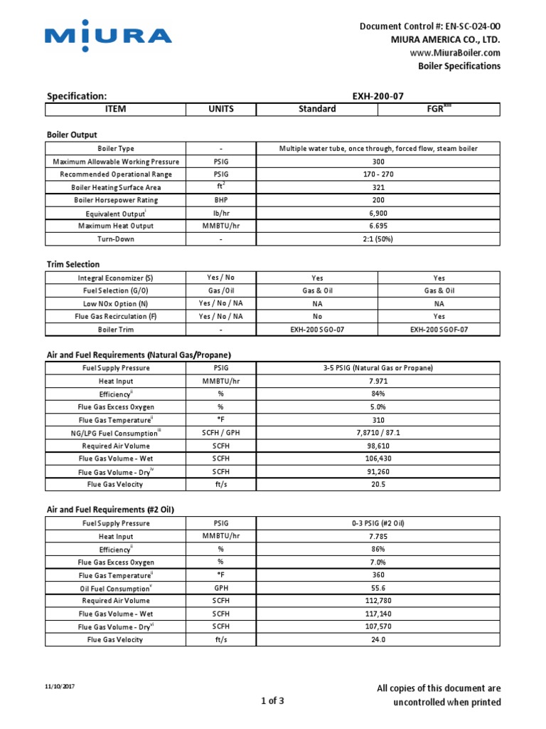 Specification: EXH-200-07: Miura America Co., Ltd. Boiler Specifications | PDF | Boiler ...