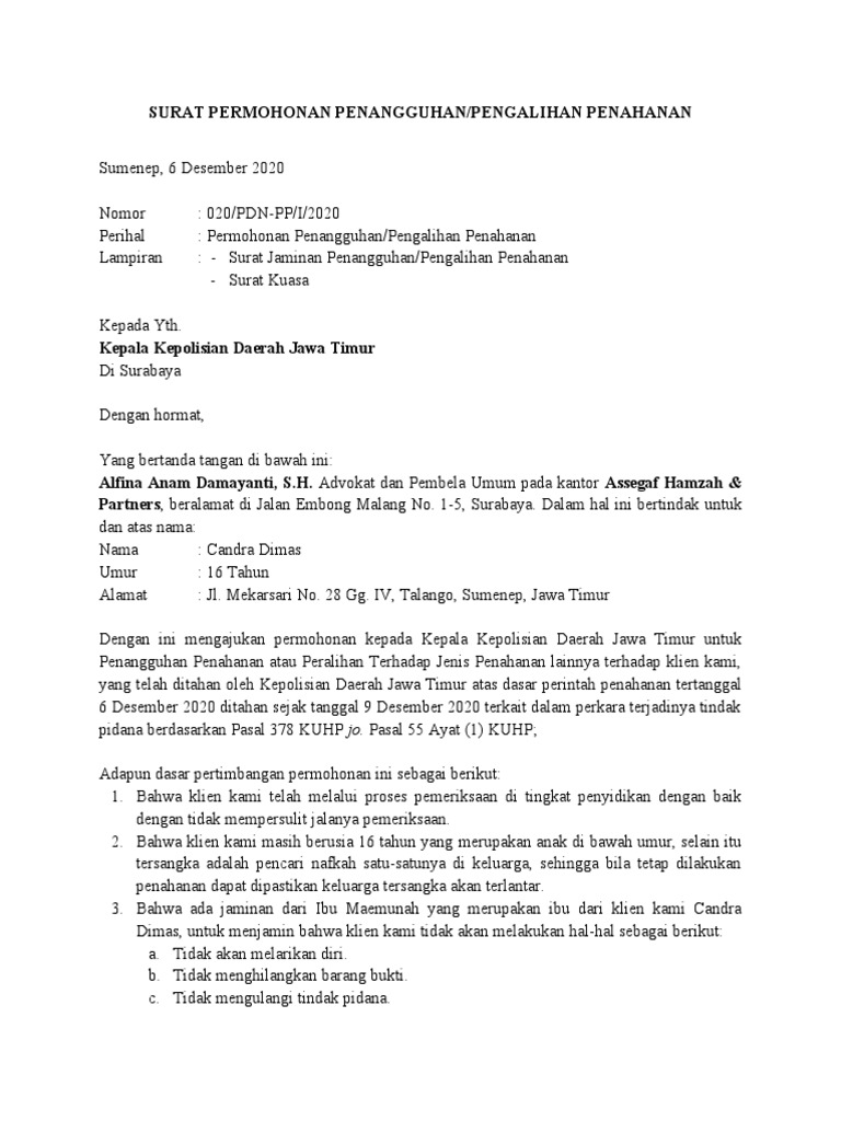 3) Surat Permohonan Pengalihan Penahanan | PDF
