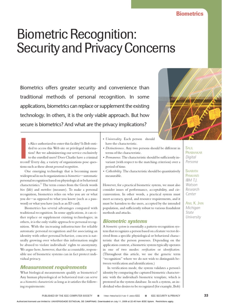 Biometric Recognition: Security and Privacy Concerns: Biometrics | PDF ...