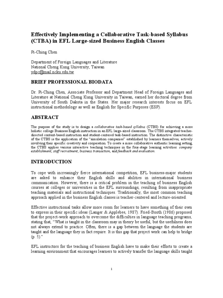 Effectively Implementing A Collaborative Task-Based Syllabus (CTBA) in EFL Large-Sized Business ...