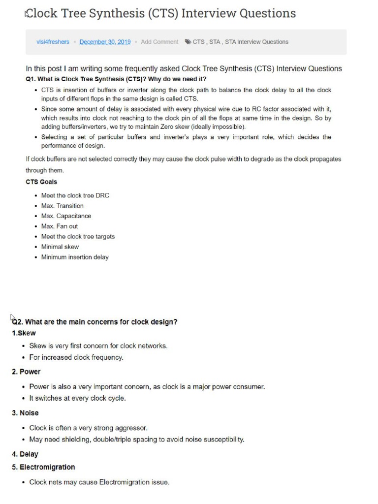 Clock Tree Synthesis (CTS) Interview Questions - Vlsi4freshers | PDF