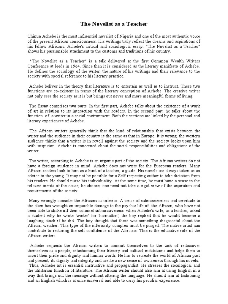 The Novelist As A Teacher - Summary | PDF | Novelists | Writers