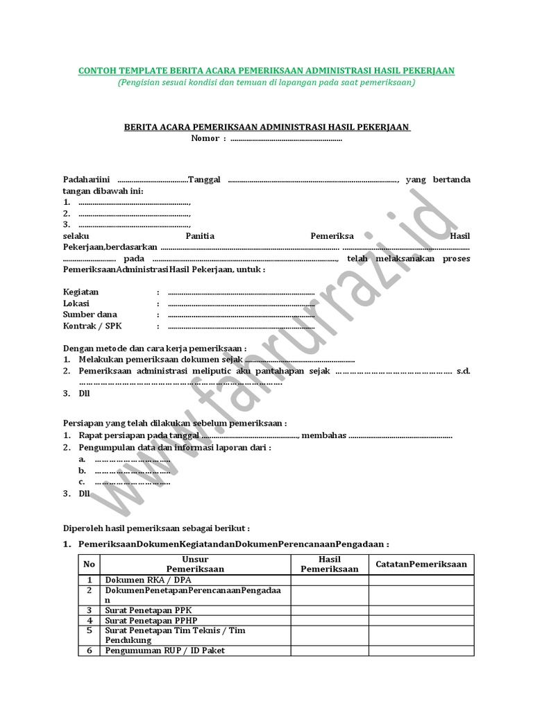 Contoh Template - Pemeriksaan Administrasi Hasil Pekerjaan (PPHP) | PDF