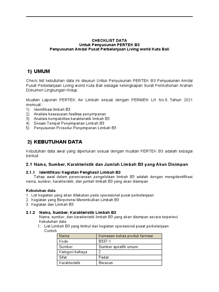 Checklist Penyusunan PERTEK B3 Kuta Bali | PDF