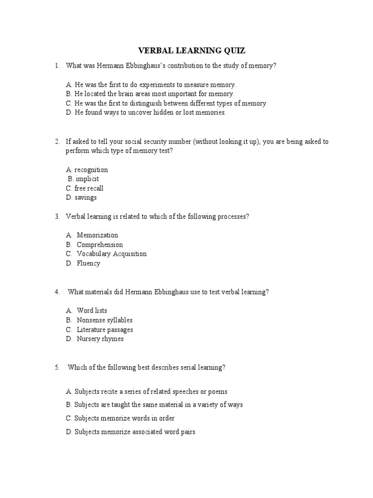 Verbal Learning Quiz | PDF | Career & Growth | Language Arts & Discipline
