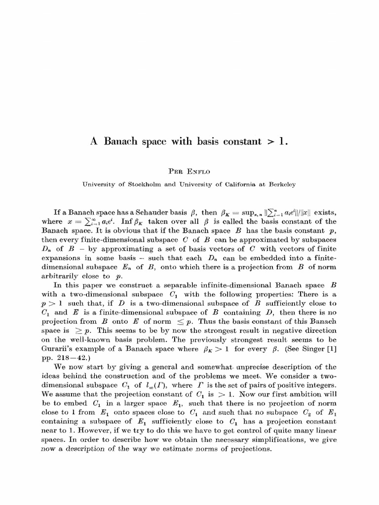 A Banach Space With Basis Constant Greater Than 1 (P.Enflo) | PDF | Linear Subspace | Basis ...