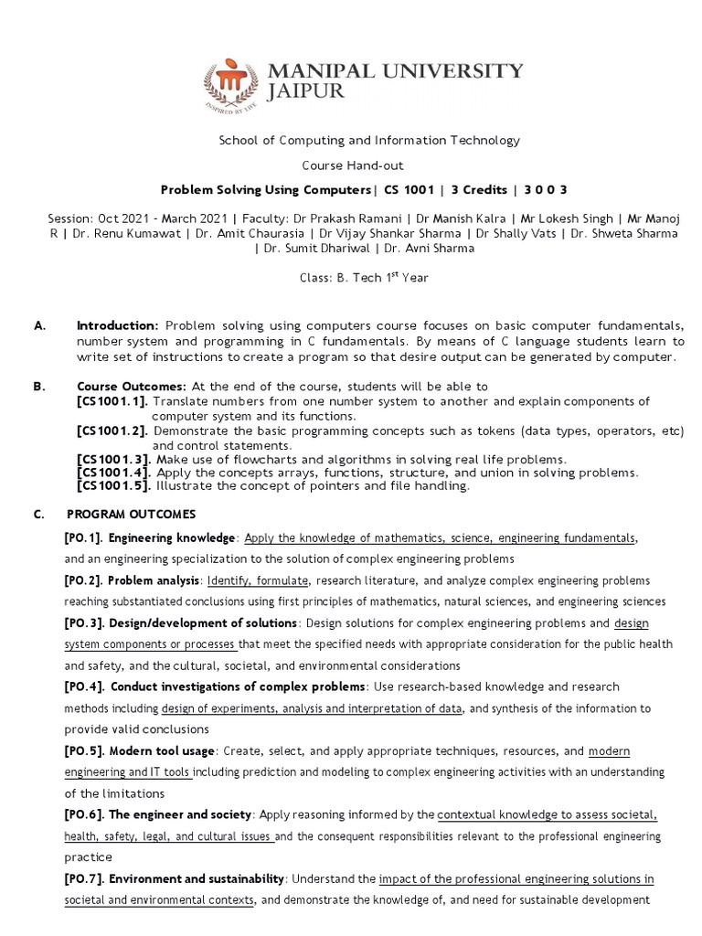 Problem Solving Using Computers - CS 1001 - 3 Credits - 3 0 0 3 ...
