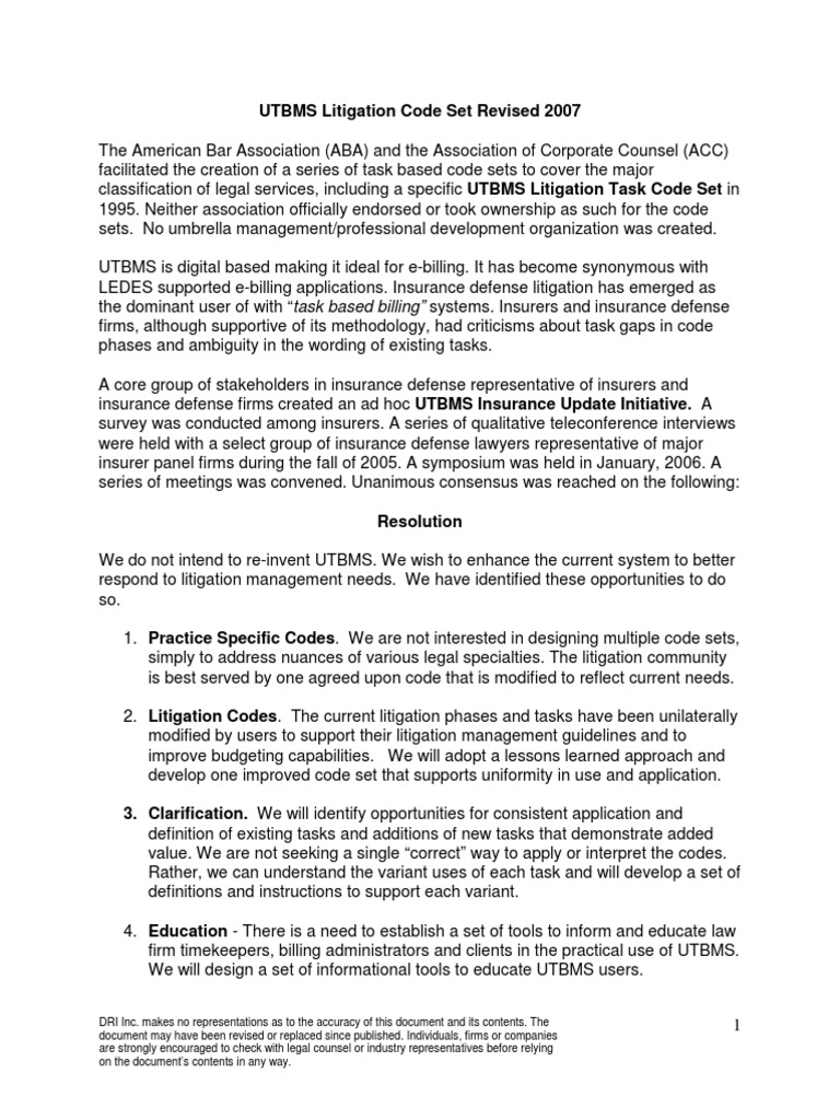 Updating the UTBMS Litigation Code Set for Insurance Defense Litigation ...