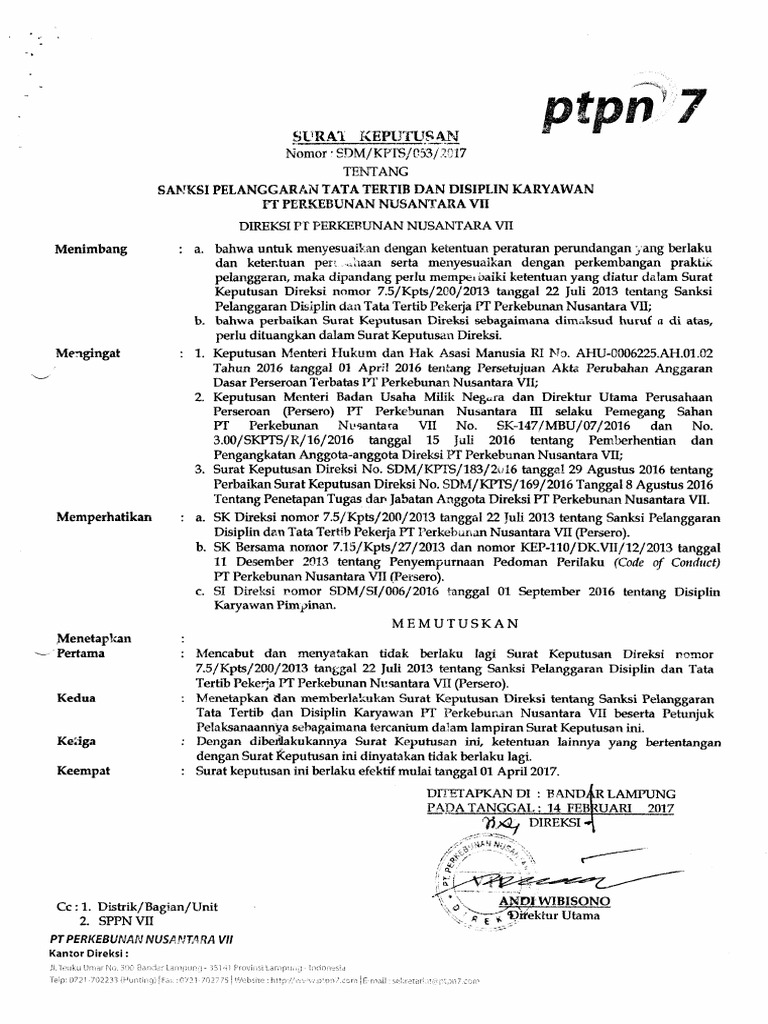 SK No. SDM-KPTS-053-2017 Disiplin Karyawan | PDF