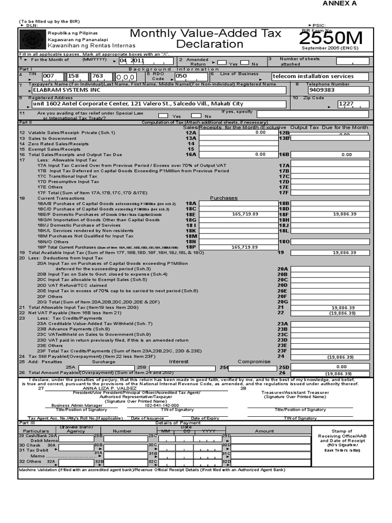 Monthly Value-Added Tax Declaration: Kawanihan NG Rentas Internas | PDF ...