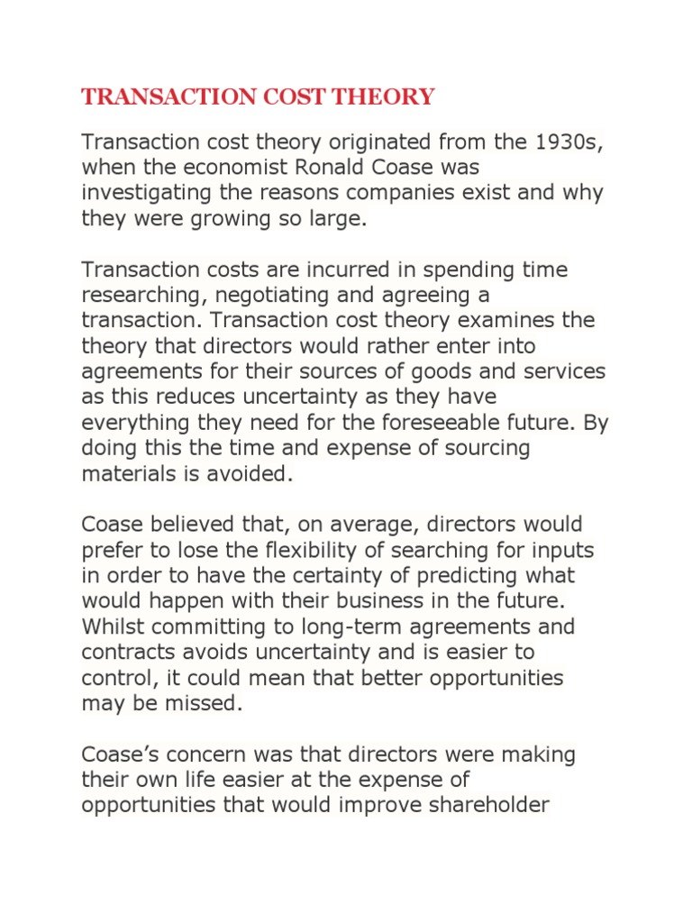 TRANSACTION COST THEORY CG | PDF | Corporate Governance | Reserve Bank ...