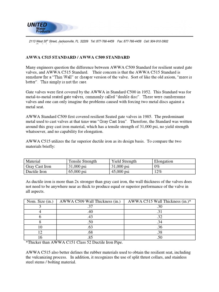 United Valve Comparison Awwa c515 Awwa c509 | PDF | Valve | Iron
