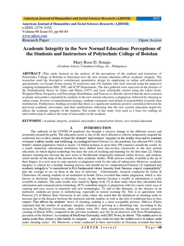 Academic Integrity In The New Normal Education Perceptions Of The