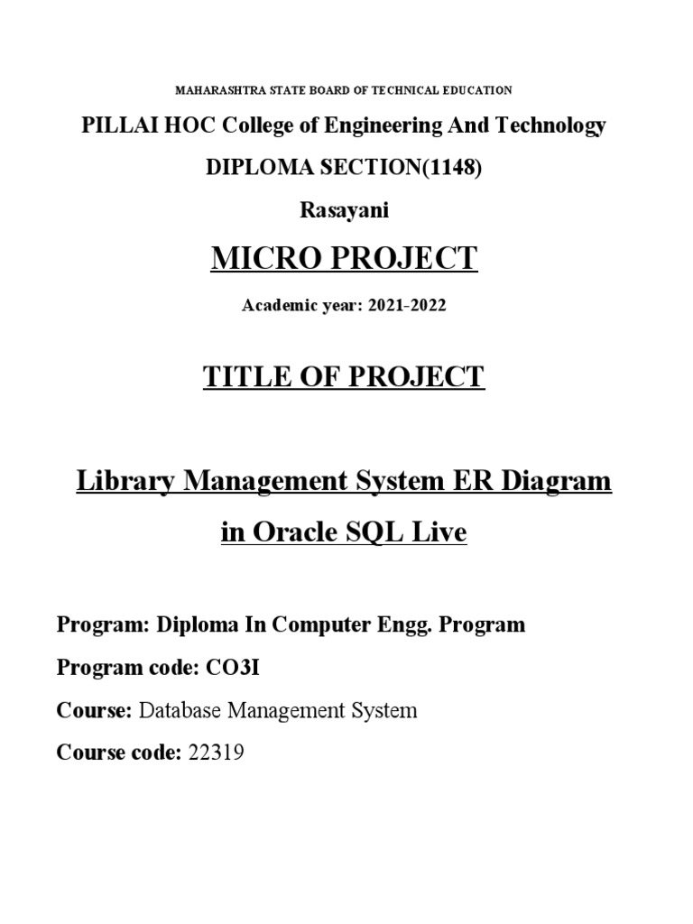 Micro Project: Title of Project Library Management System ER Diagram in ... Micro Project: Title of Project Library Management System ER Diagram in ...