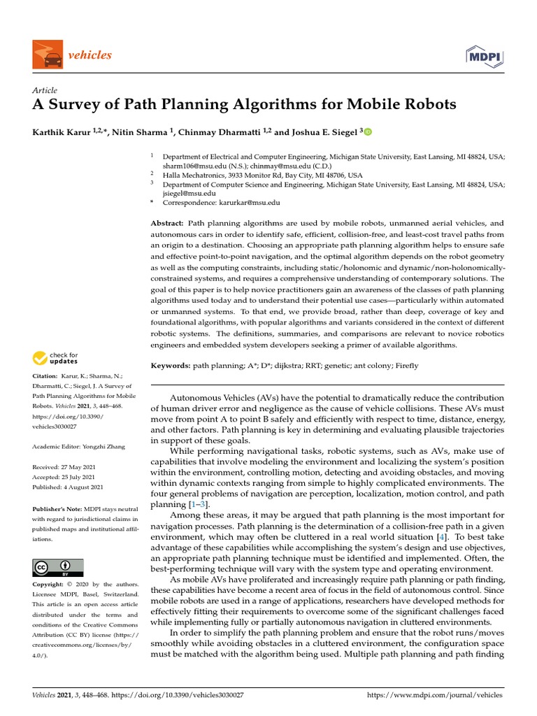 A Survey of Path Planning Algorithms For Mobile Robots | PDF | Applied Mathematics | Theoretical ...