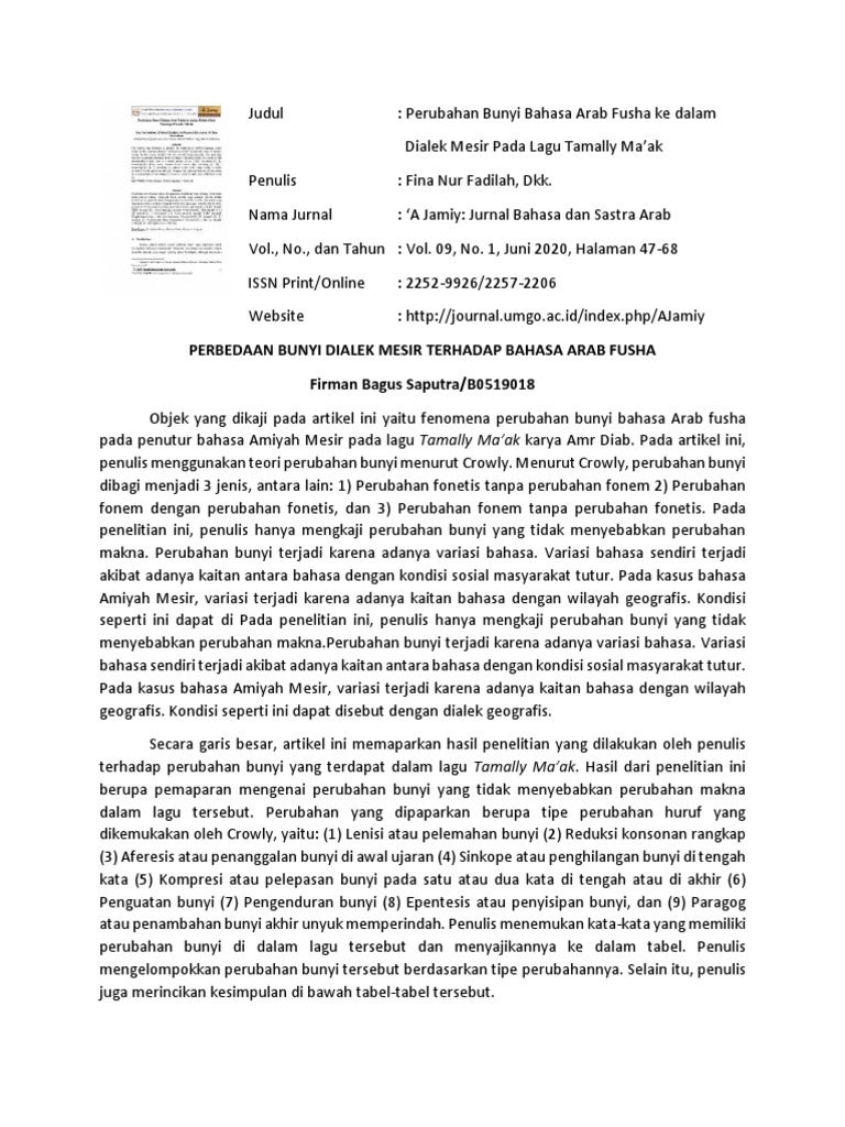 Review Artikel Jurnal Perubahan Bunyi Bahasa Arab Fusha Ke Dalam Dialek Mesir Pada Lagu Tamally ...