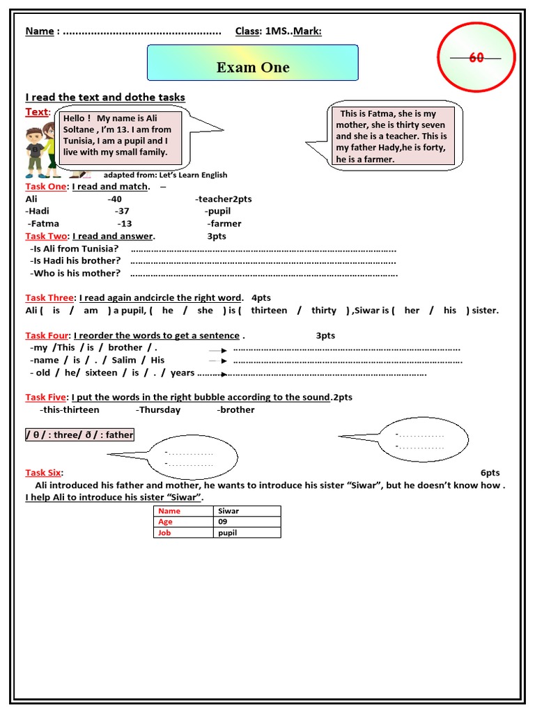 1MS - First Term Exam - 2nd G - by Teacher Houda Farah | PDF