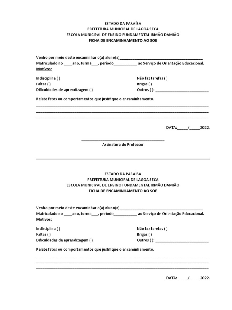 Ficha de Encaminhamento Soe - Professores | PDF Ficha de Encaminhamento Soe - Professores | PDF