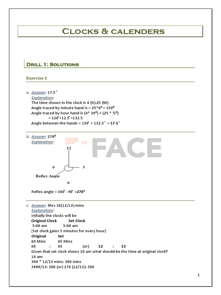 Clocks & Calenders: Drill 1: Solutions | PDF | Length | Geometry
