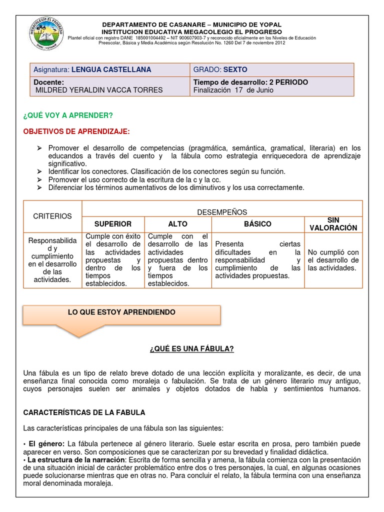 Guia 2 de Español Grado 6 - Estudiantes. | PDF | Fábula | Narración