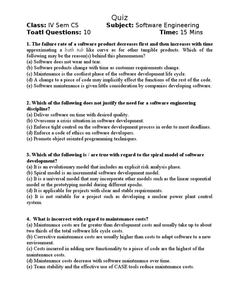 Class: IV Sem CS Subject: Software Engineering Toatl Questions: 10 Time: 15 Mins | PDF ...