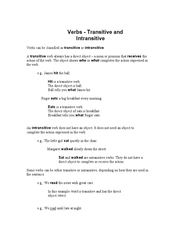 Transitive Intransitive Verbs Explanation and Exercises | PDF | Verb ...