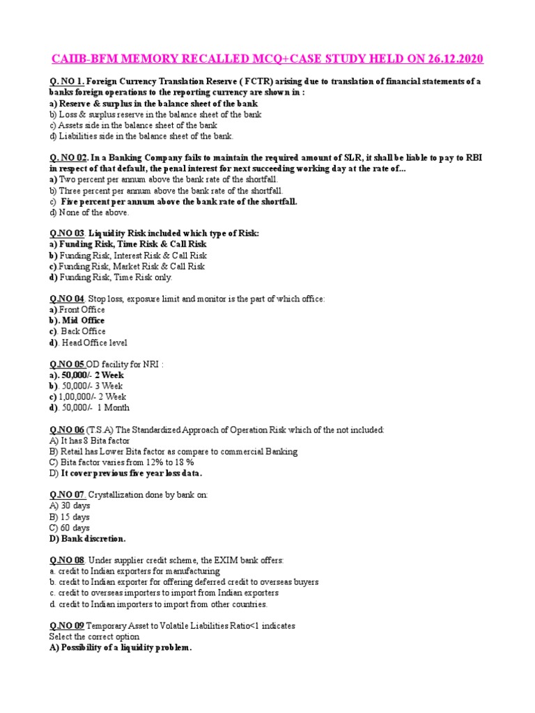 BFM Memory Based Questions | PDF | Banks | Credit