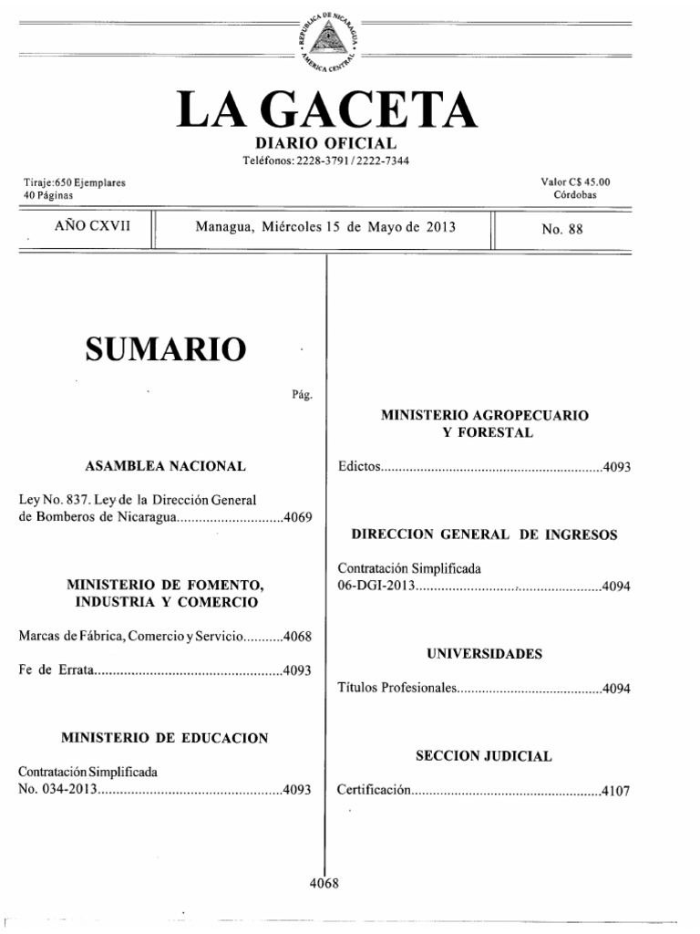 G 88 Ley 837 Direc General Bomberos de Nicaragua | PDF