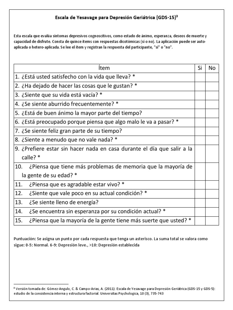 Escala de Yesavage para Depresión Geriátrica (EDG-15) | PDF | Depresión ...