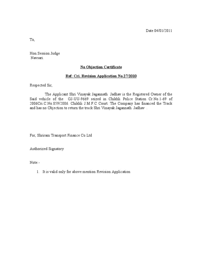 No Objection Certificate for Vehicle Return | PDF | Business | Finance ...