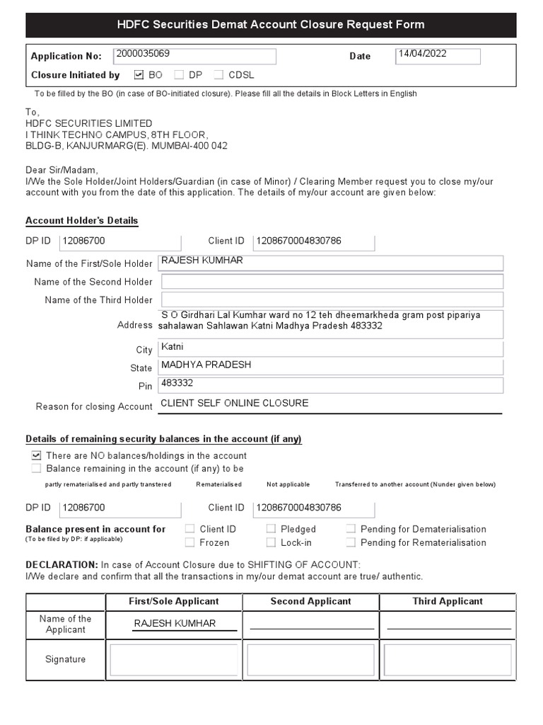 HDFC Securities Demat Account Closure Request Form | PDF | Banking ...