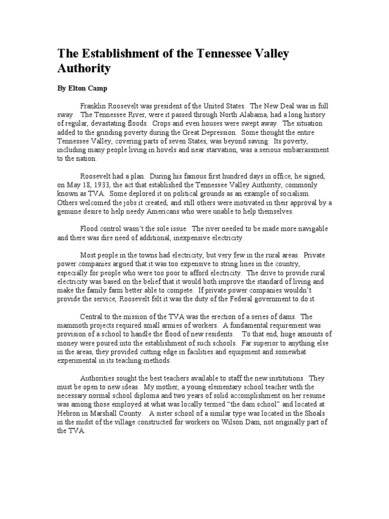 The Establishment of The Tennessee Valley Authority | PDF | Tennessee ...