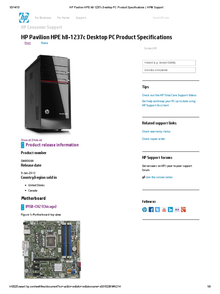 HP Pavilion HPE h8-1237c Desktop PC Product Specifications - HP ...