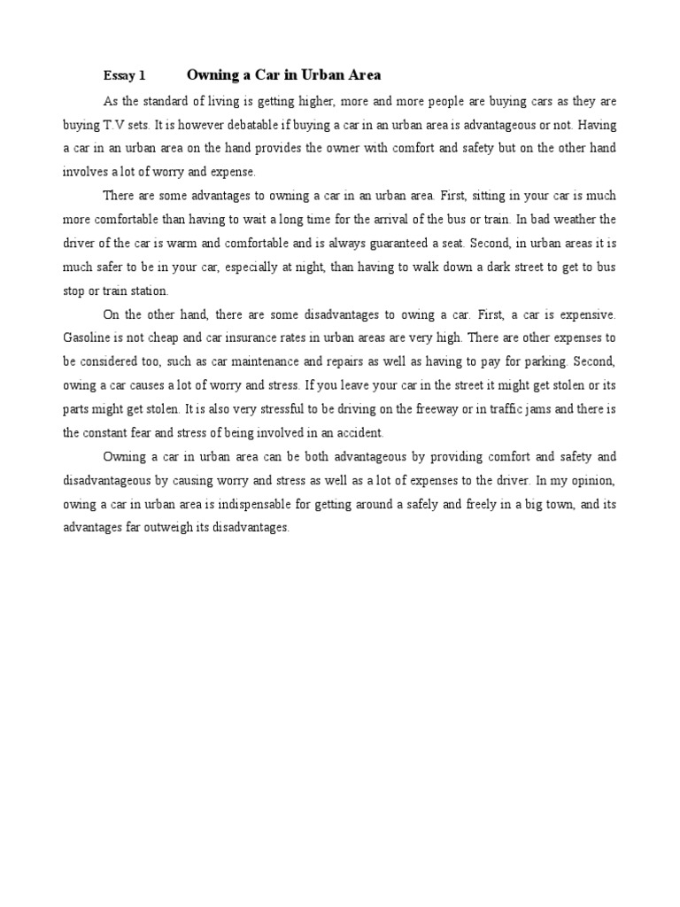 Owning A Car in Urban Area: Essay 1 | PDF | Dormitory | Car