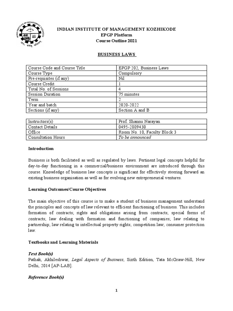 Business Laws Course Outline - EPGP Platform 2021 | PDF | Limited Liability Partnership | Law