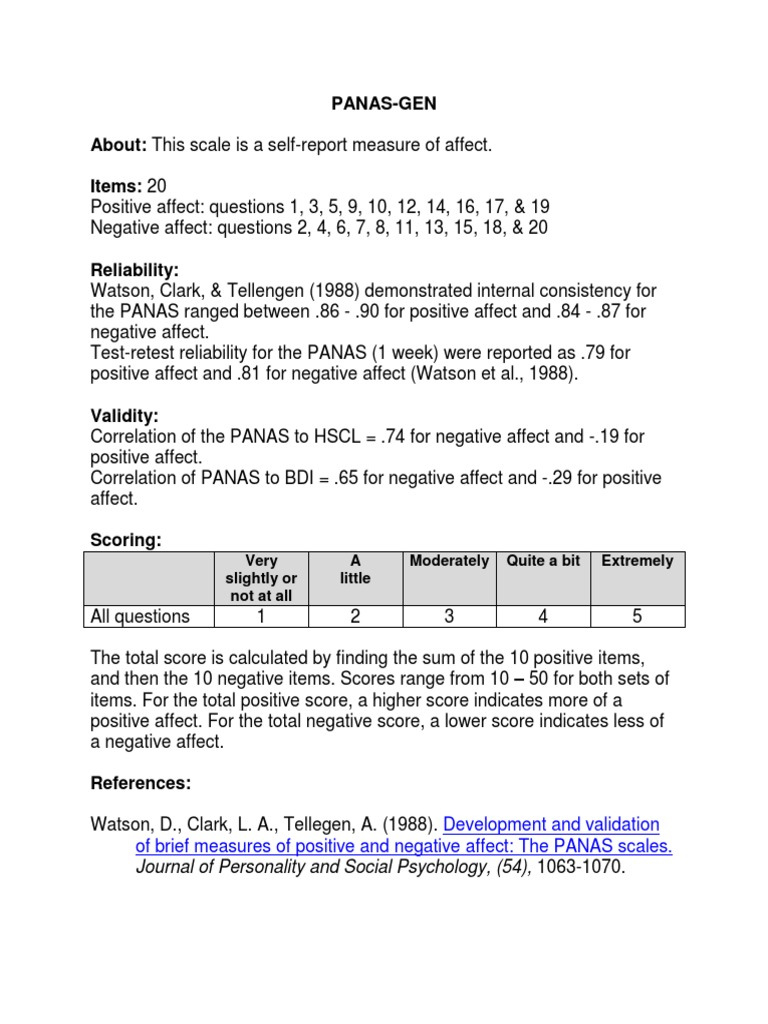 Panas-Gen About: This Scale Is A Self-Report Measure of Affect. Items ...