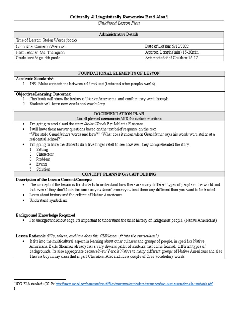 Stolen Words Read Aloud Lesson | PDF | Lesson Plan | Cognition