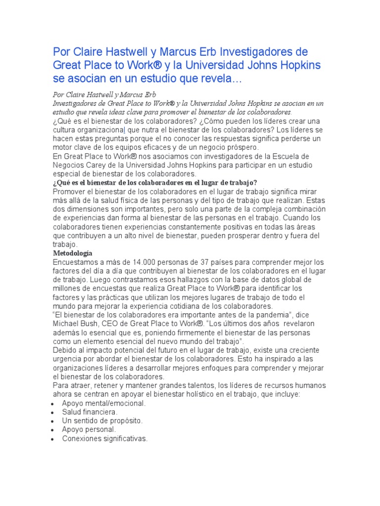 Por Claire Hastwell y Marcus Erb Investigadores de Great Place To Work ...