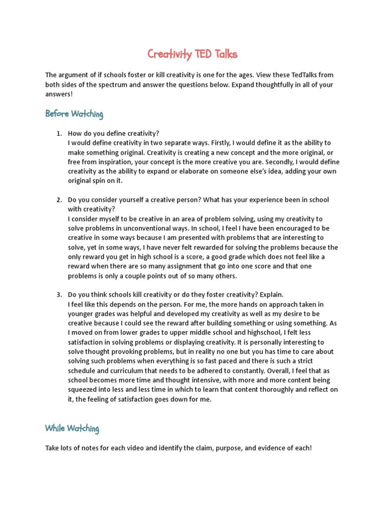 Creativity Ted Talks Assignment Bethers 1 | PDF | Creativity | Knowledge