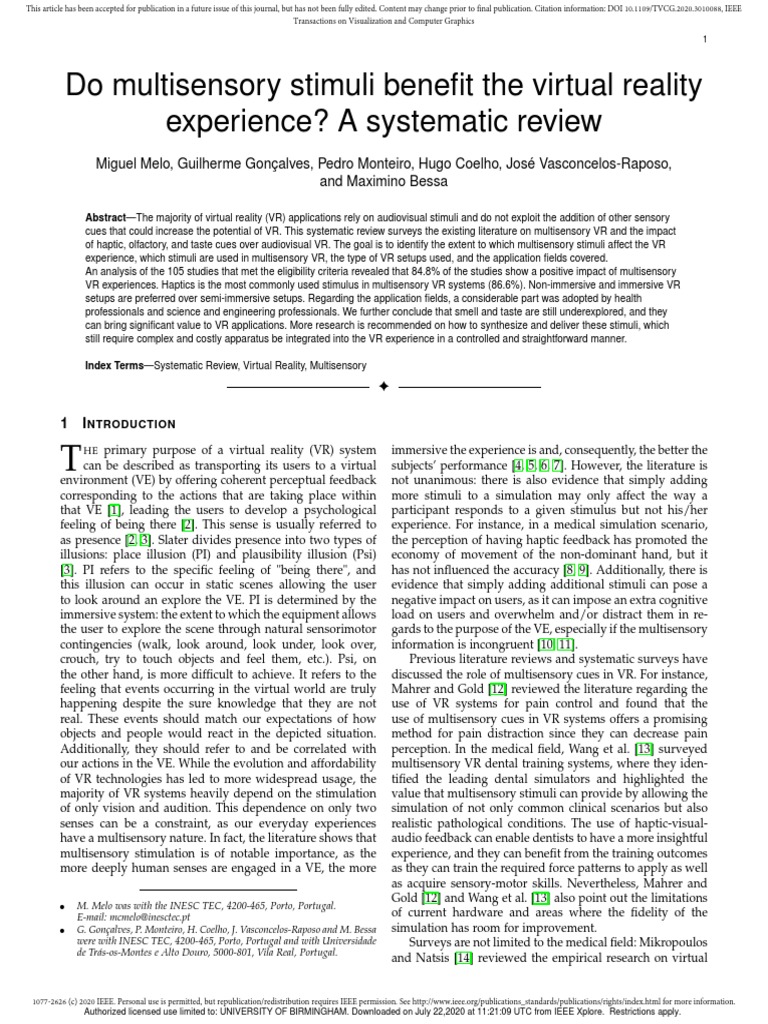 Revisão Sistemática JVR | PDF | Virtual Reality | Perception