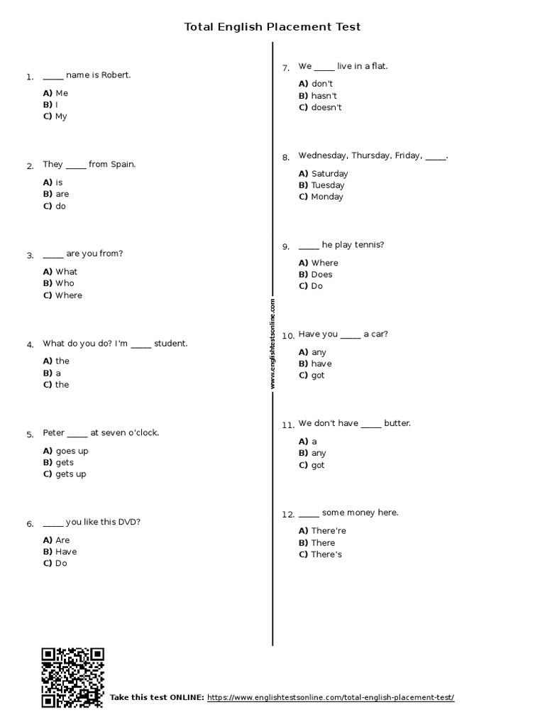 Total English Placement Test Guide | PDF